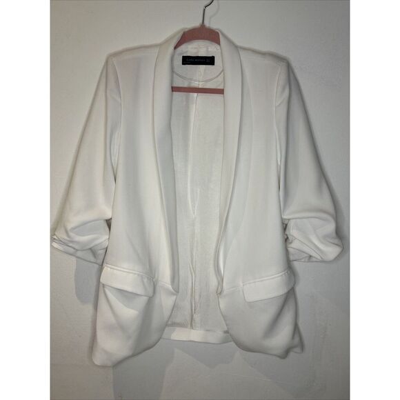 Zara | Jackets & Coats | Zara S White Open Front Blazer Ruched Sleeve ...